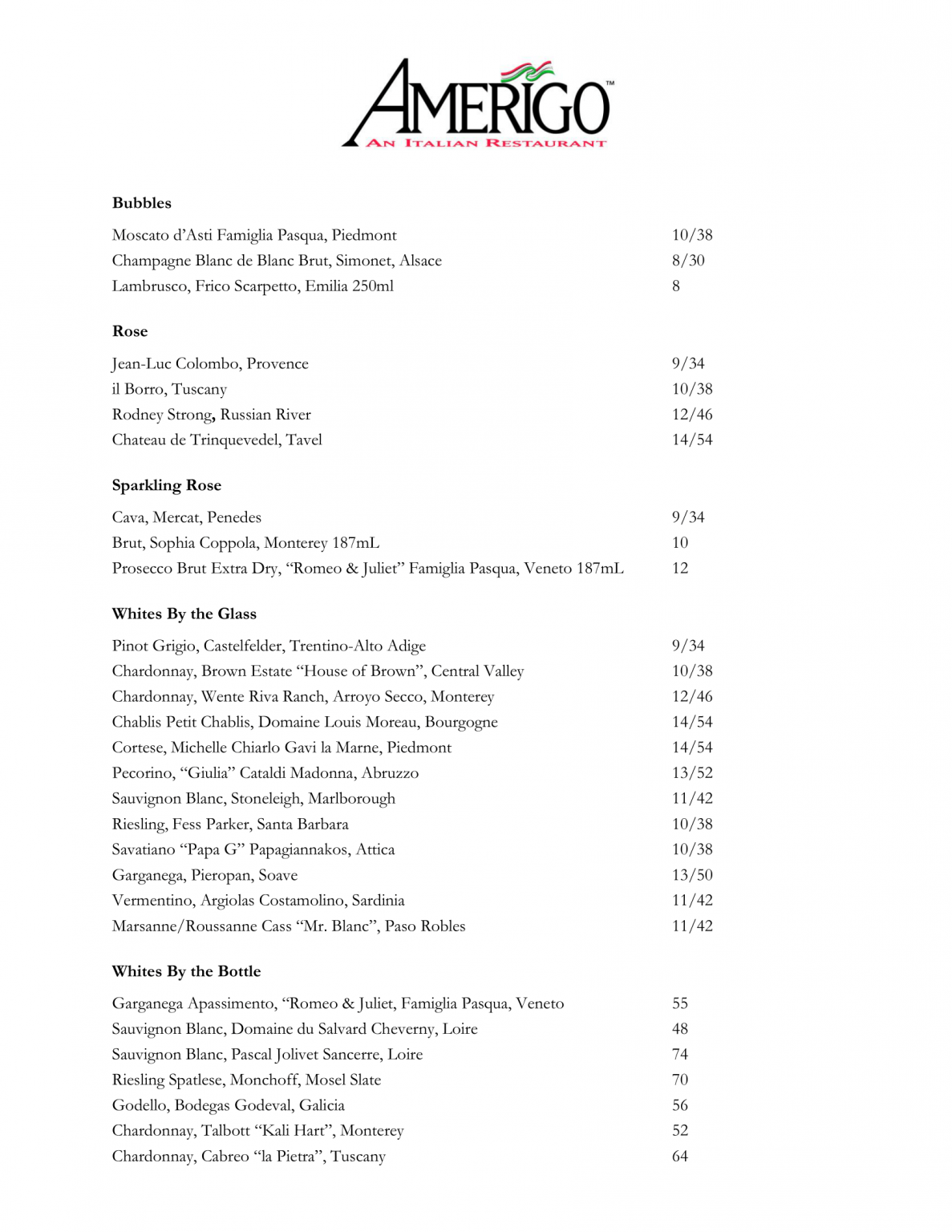 Drink Menu - Amerigo Italian Restaurant