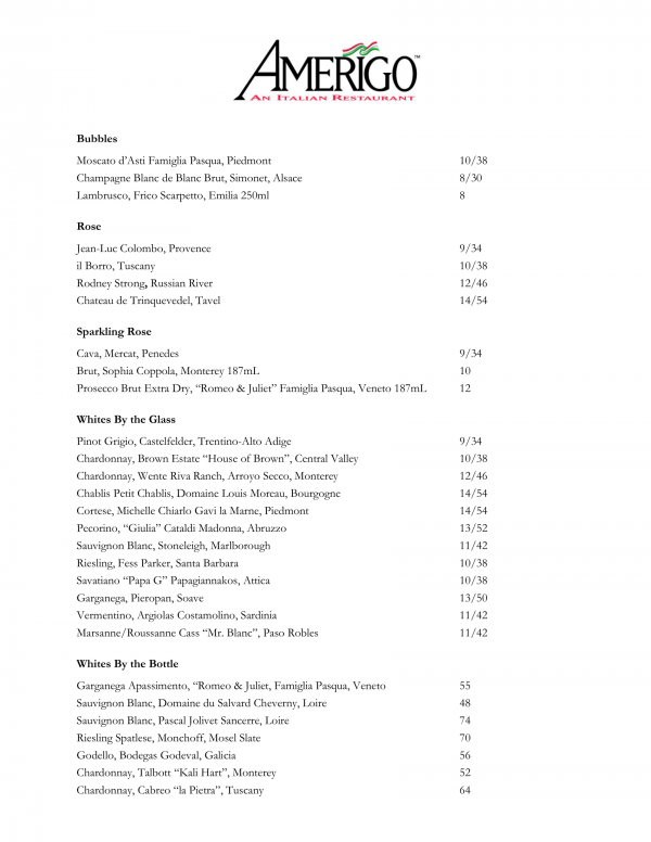 Drink Menu - Amerigo Italian Restaurant