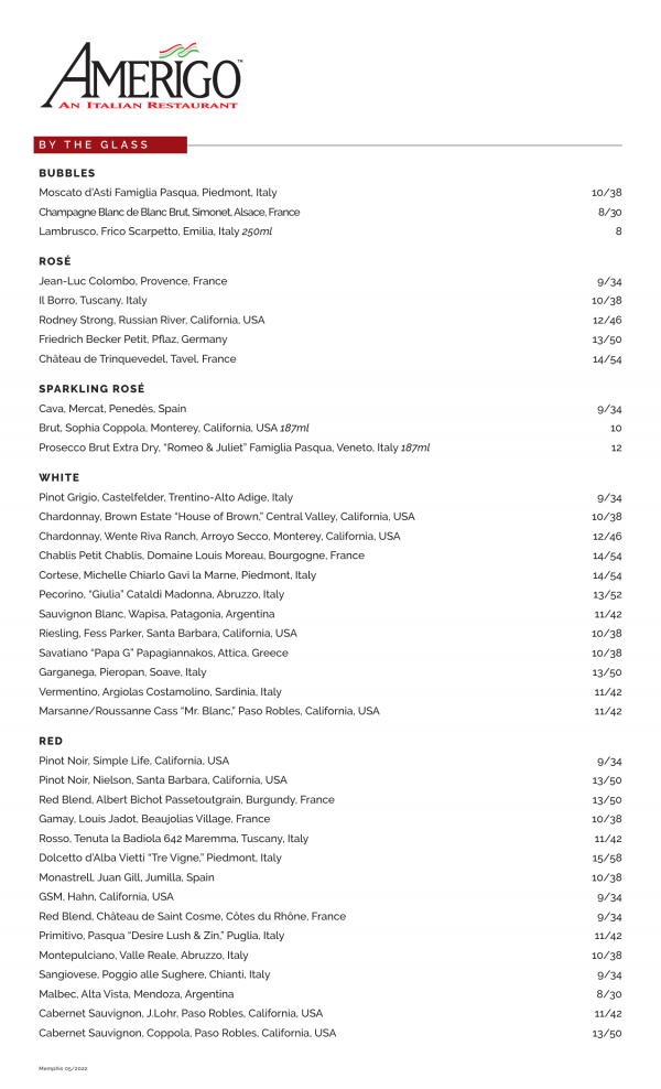 Drink Menu - Amerigo Italian Restaurant