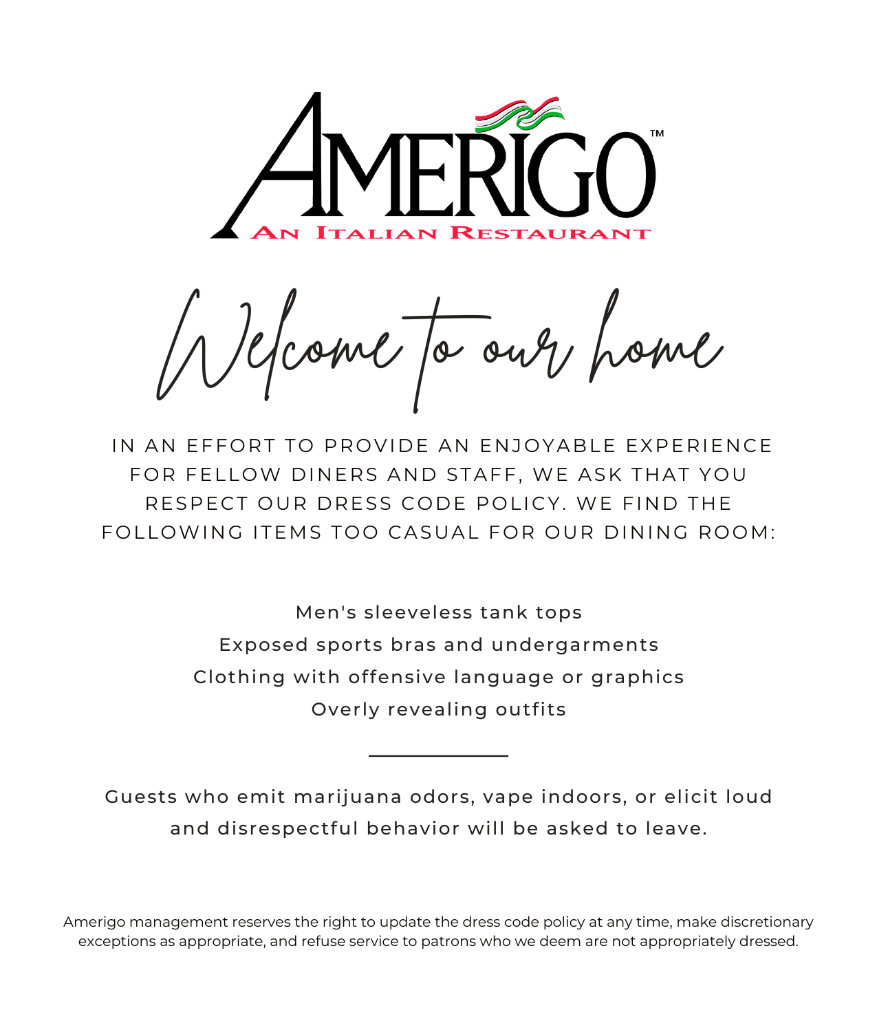 Dress Code Policy Amerigo Italian Restaurant Dress Code Policy Amerigo Italian Restaurant