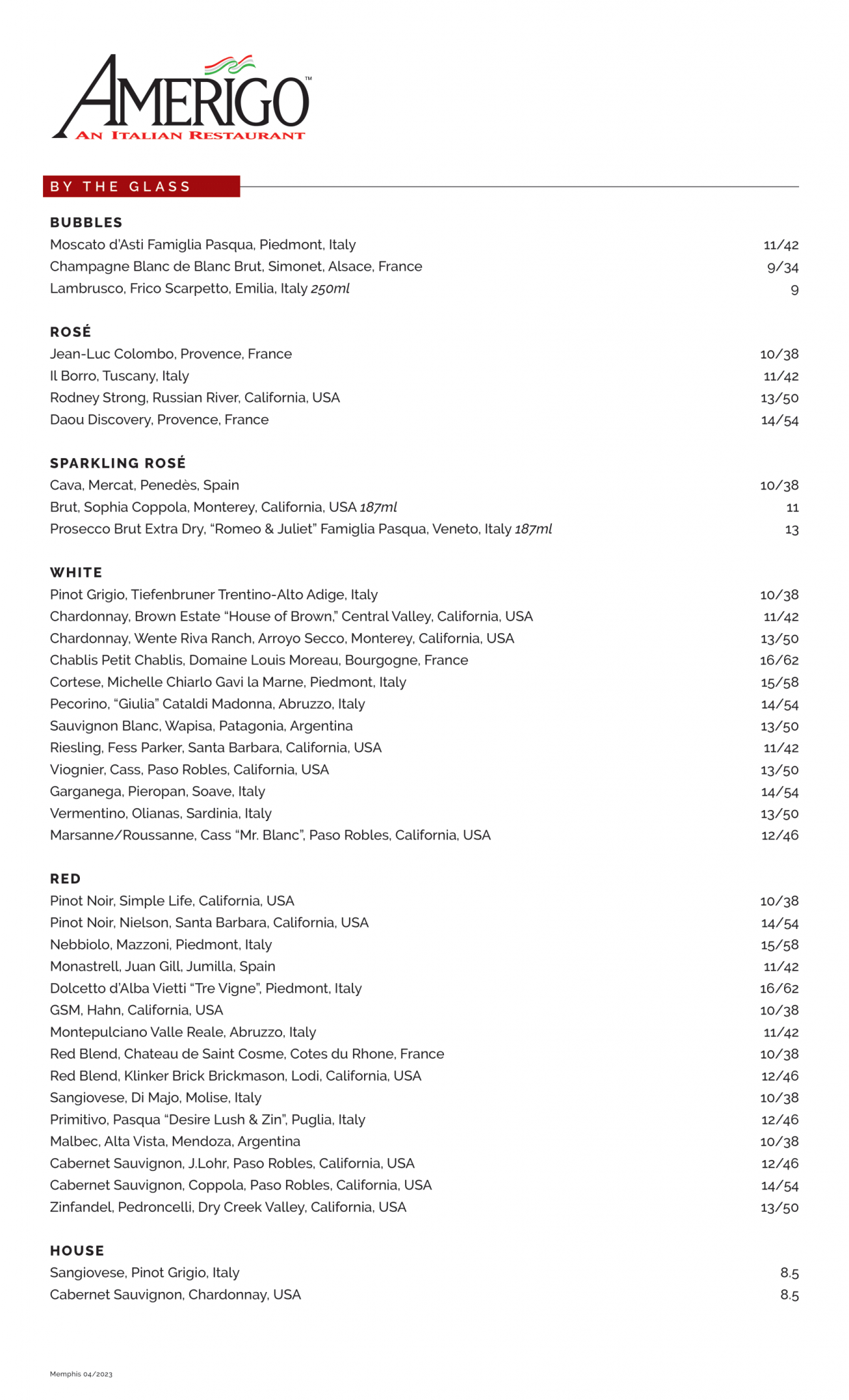 Drink Menu - Amerigo Italian Restaurant
