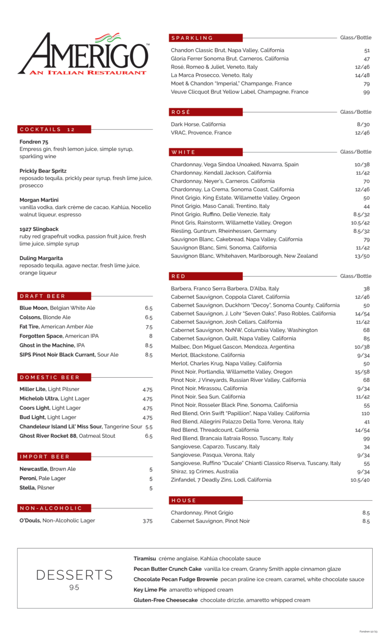 Menus - Wine - Jackson | Amerigo Italian Restaurant